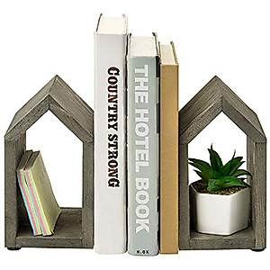 MyGift Vintage Gray Solid Wood Decorative Bookends with House Shaped Design and Sturdy Metal Base, Home Office Desktop Book Stand and Shelf Decor,1-Pair