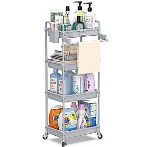 SPACEKEEPER Rolling Storage Cart, 4-Tier Bathroom Organizer Utility Cart Laundry Room Organization Mobile Shelving Unit with Towel Rack, Lockable Wheel, Hooks & Cup for Kitchen Bedroom Office, Grey