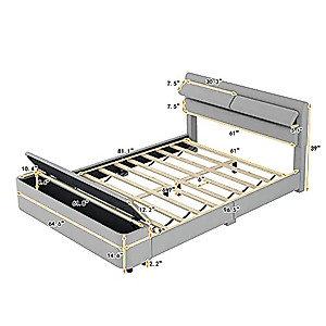 DEYOBED Queen Size Upholstered Platform Bed Frame Bedroom Furniture with Trundle and 2 Storage Drawers - No Box Spring Needed