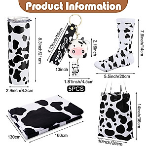 Yaomiao 5 Pcs Cow Gifts Sets for Women Mom Including 20 oz Cow Pattern Stainless Steel Tumbler with Lid Straw Cow Tote Bag Cow Warm Throw Blanket Keychain Cotton Animal Pattern Socks(Black White)