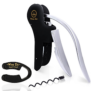 Wine Ziz Black Screw-pull Lever Corkscrew Wine Bottle Opener Set with Bonus Foil Cutter Tool and Extra Spare Corkscrew Spiral, Heavy-Duty Metal Manual Cork Screw, Best Wine Gift Kit (Silver)