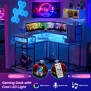 armocity L Shaped Desk with Drawers, Reversible Corner Computer Desk with LED Light & Power Outlet, 50'' L-Shaped Gaming Desk with Long Monitor Shelf, Home Office Desk for Small Corner Space, Grey