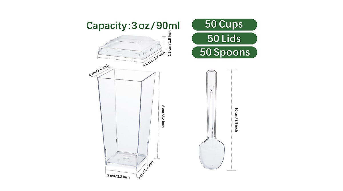 50 Pack 3 oz Square Mini Dessert Cups with Lids & Spoons