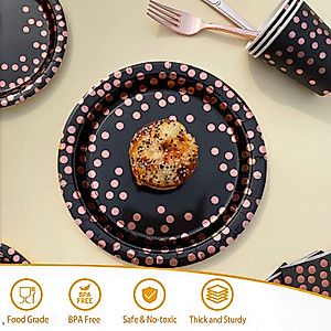Black and Gold Party Supplies, Black and Rose Gold Birthday Plates, Serves 16, Including Rose Gold Plates, Napkins, Cups, Sturdy Silverware for Bridal Shower, Birthday Party Decorations - 112PCS