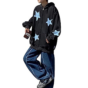 Fepege Star Hoodie Men Y4K Harajuku Grunge Jacket Casual Oversized Sweatershirt Cute Cardigan Alt Streetwear (Black, L)