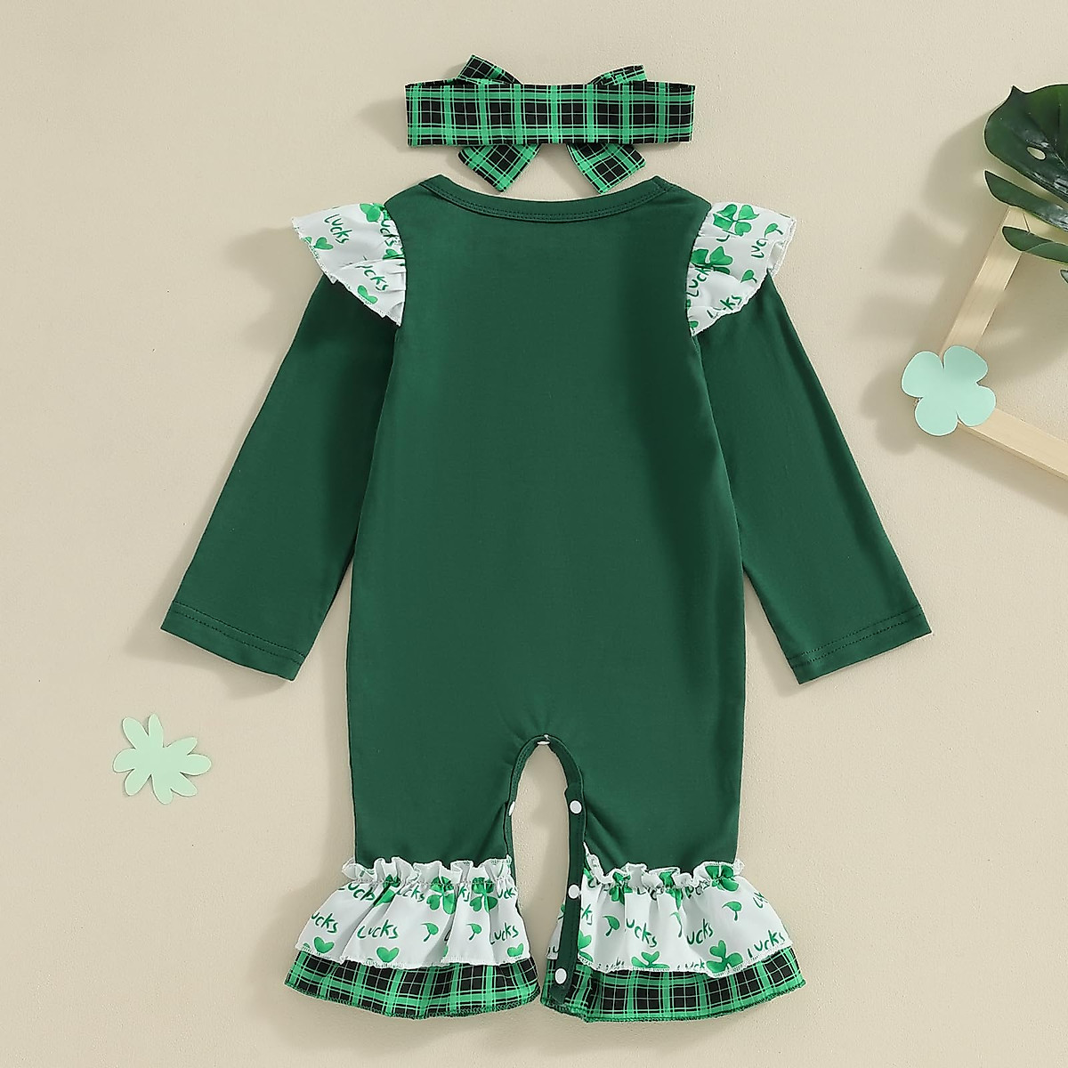 Newborn Baby Girl St. Patrick's Day Outfit Long Sleeve Four Leaf Clover Romper Ruffle Bodysuit Jumpsuit Headband Set (Green, 0-3 Months)