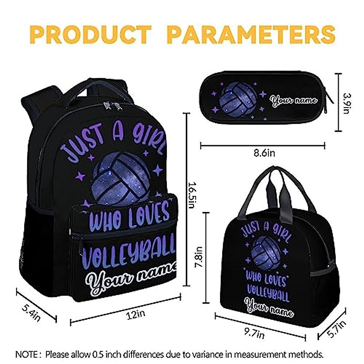 Personalized Volleyball Backpack with Lunch Box And Pencil Case Set, 3 in 1 Matching Teen Girls Purple Backpacks Combo, Sports Bookbag And Pencil Case Bundle