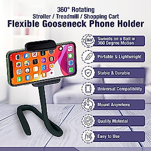 LogoLess Flexible and Adjustable Gooseneck Phone Holder for Car, Stroller, Treadmill, Shopping Cart, Bike, Boat, Golf Cart - iPhone Holder for Desk, Bed - Cell Phone Mount and Stand