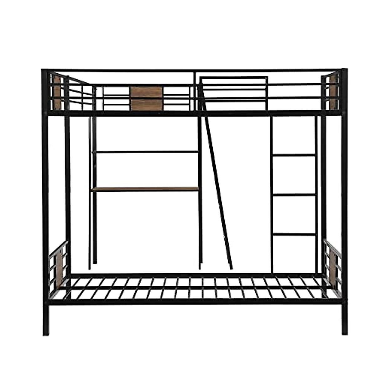Cotoala Metal Triple Bunk Bed with Desk and Shelf, L-Shaped Bunkbed Attached Twin Size Loft Bedframe, for 3 Kids/Teens/Adults, Brown