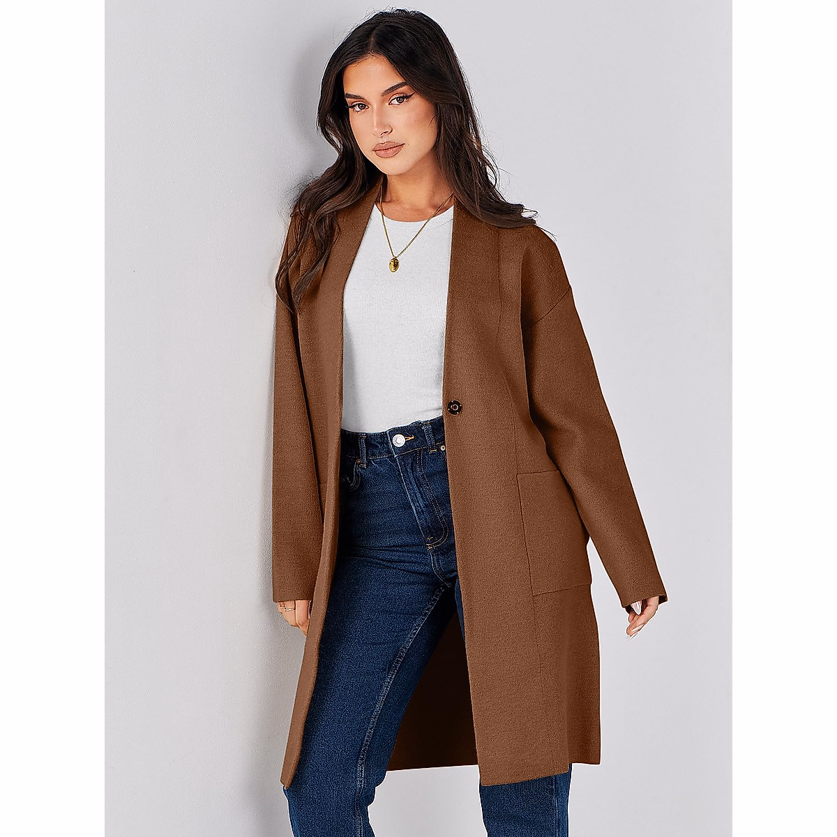 ANRABESS Women's 2023 Cardigan Coat Long Sleeve Open Front Knit Casual Coatigan Sweater Classy Trendy Clothes Spring Going Out Jacket Outwear B1123jiaotang-M, Caramel