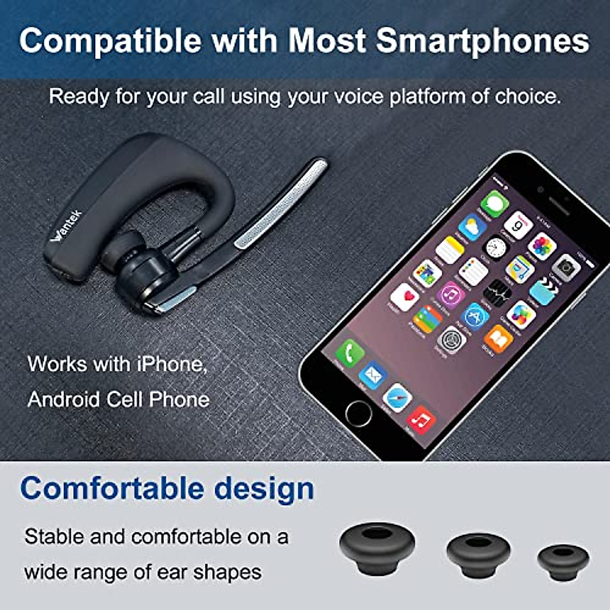 Bluetooth Headset with CVC8.0 Dual Mic Noise Cancelling, Bluetooth Earpiece V5.0 Hands-Free Wireless Headset for iPhone Android Cell Phone Trucker Business Office, Super Light, Clear Chat
