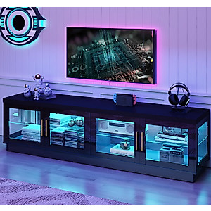 Hlivelood 71IN LED TV Stand for 85/80/75inch TV,High Glossy Modern TV Stand for Living Room,Wooden Farmhouse TV Stand,TV Entertainment Center with Storage Cabinet,TV Console,RGB LED(Black)
