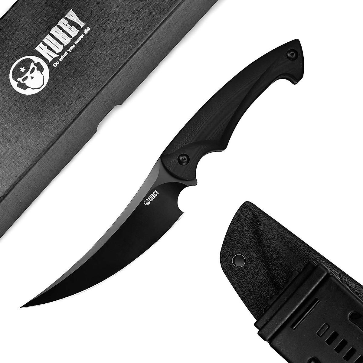 KUBEY Scimitar KU231 10.4in Fxied Blade Hunting Knives with 5.4in Trailing Point D2 Blade and G-10 Handle for Outdoor Survival Camping and Bushcraft, w/Kydex Sheath (Coating)