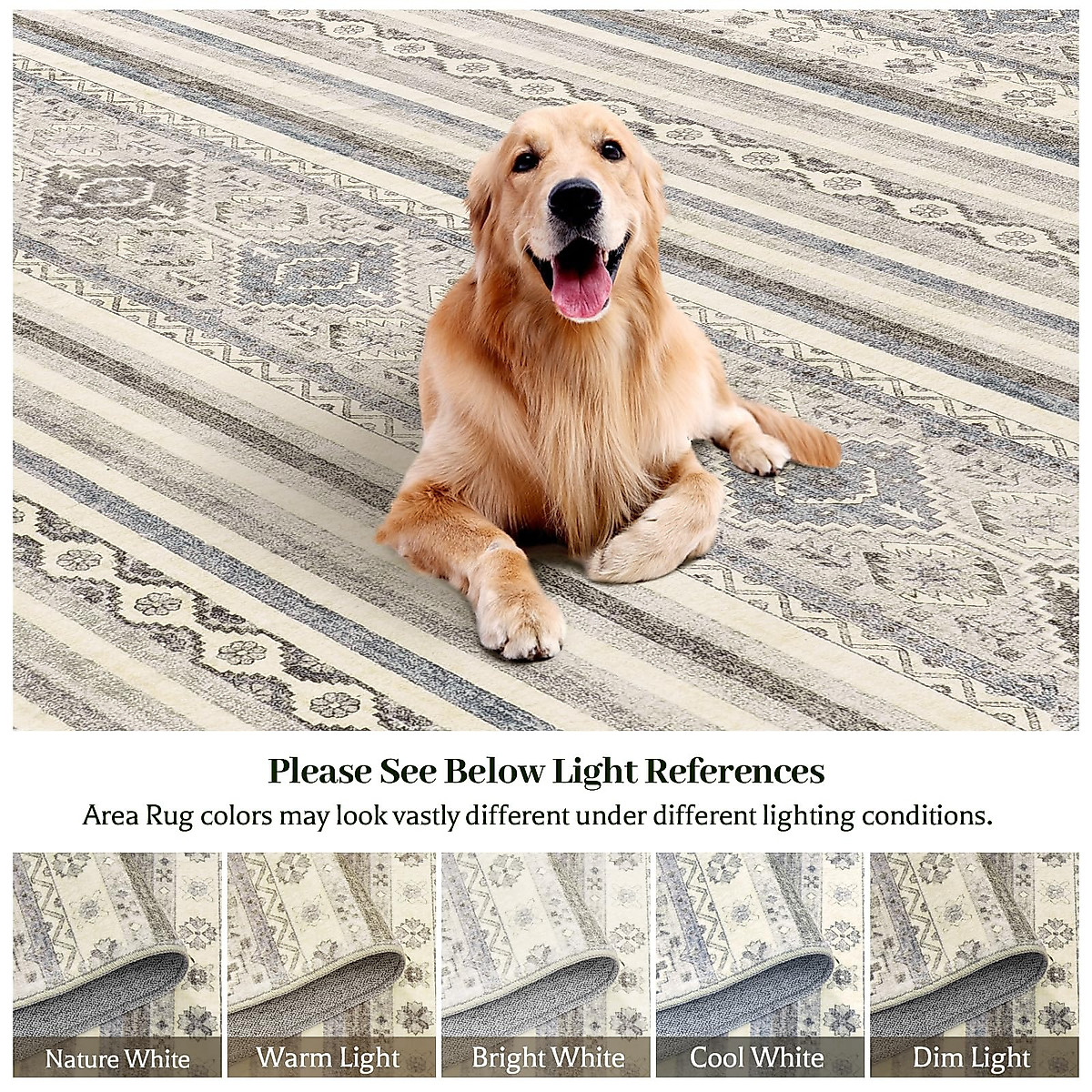 Madane 8x10 Area Rugs for Living Room, Stain Resistant Moroccan Washable Rugs 8x10, Thin Geometric Area Rugs 8x10 with Non-Slip Backing, Soft Low Pile Neutral 8x10 Rug, Grey/Ivory