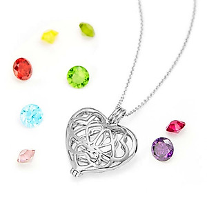 EVE'S ADDICTION Sterling Silver Personalized 6mm Round Simulated Birthstone Heart Caged Locket (16" chain) Personalized Gift for Her - Gifts for Mom