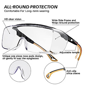 MALYHO Anti Fog Safety Glasses Safety Goggles Over Glasses Protective Glasses Clear Lenses,Adjustable Frame And Temples