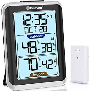 GEEVON Indoor Outdoor Thermometer Wireless Digital Hygrometer Temperature Gauge with Time, 200ft/60m Range Temperature Humidity Sensor