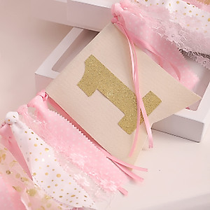 WAOUH Pink Highchair Banner - High chair Banner Decoration for First/1st Birthday, Cake Smash Photo Prop, Baby Girl Shower Anniversary Party, Gold one Birthday Sign.