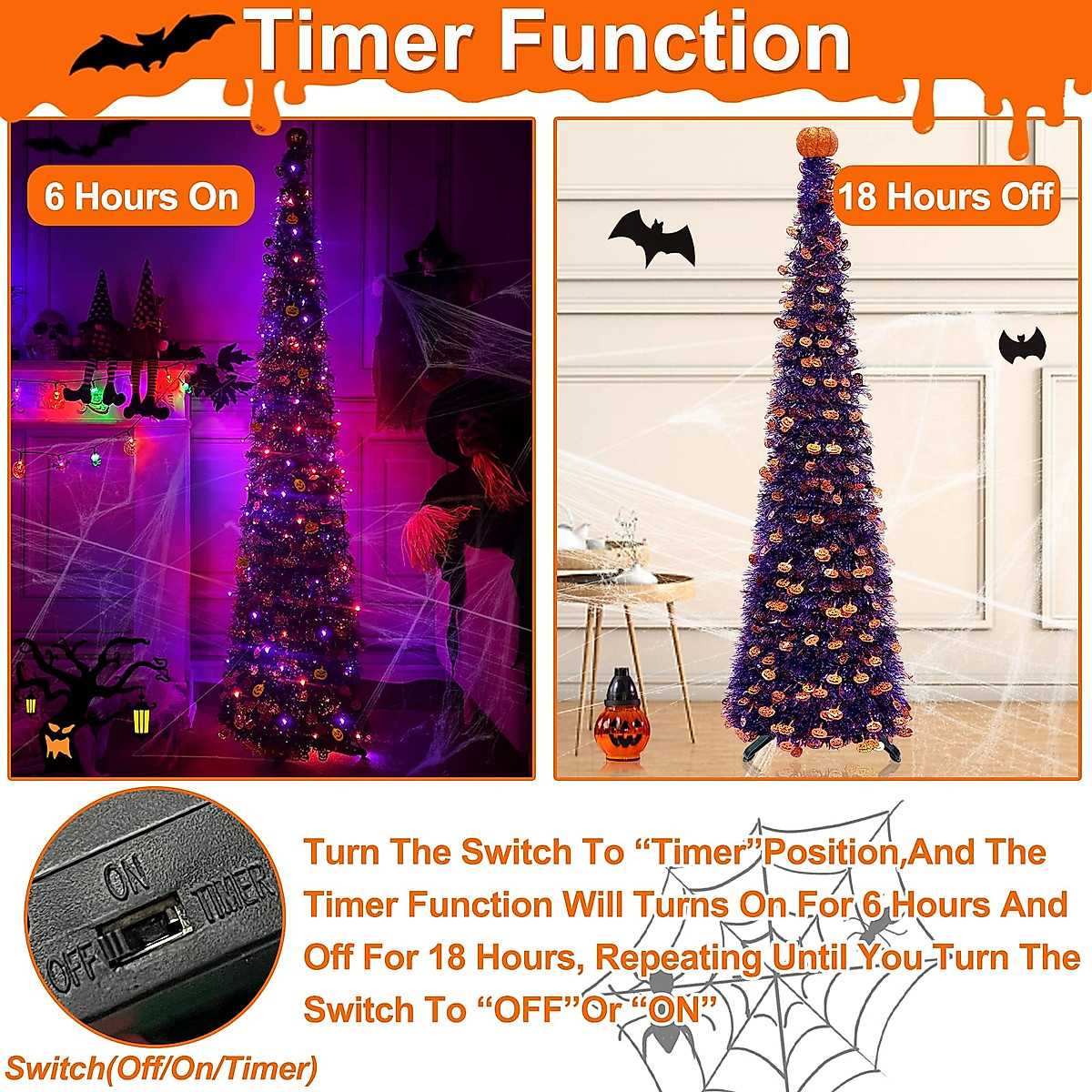 [ Orange & Purple Lights ] 5 Ft Halloween Black Christmas Tree Timer DIY 50 Lights Battery Operated Pumpkin Top Sequin Tinsel Artificial Pop Up Pencil Scary Halloween Decoration Home Indoor Outdoor