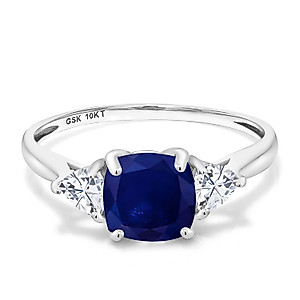 Gem Stone King 10K White Gold Blue Sapphire and White Moissanite Engagement Ring | 2.46 Cttw | 7MM Cushion and 4MM Trillion | 3 Stone Wedding Engagement Anniversary Promise Ring For Women (Size 6)