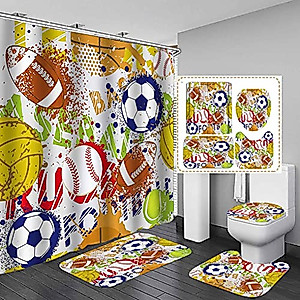 Dia Magico 4PCS Sports Shower Curtain Set, Basketball Volleyball American Football Rugby Tennis Baseball Game Colorful Graffiti Boys Bathroom Decor, Waterproof Fabric Shower Curtain, Non-slip Bath Mat