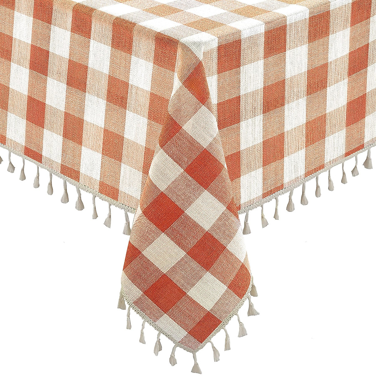 Alsoo Checkered Tablecloth Rectangle Cotton Linen Fabric Fall Gingham Table Cloth Heavy Duty Buffalo Plaid Table Cover with Tassel Washable for Kitchen Dining Holiday Party, Orange and White, 55X75''