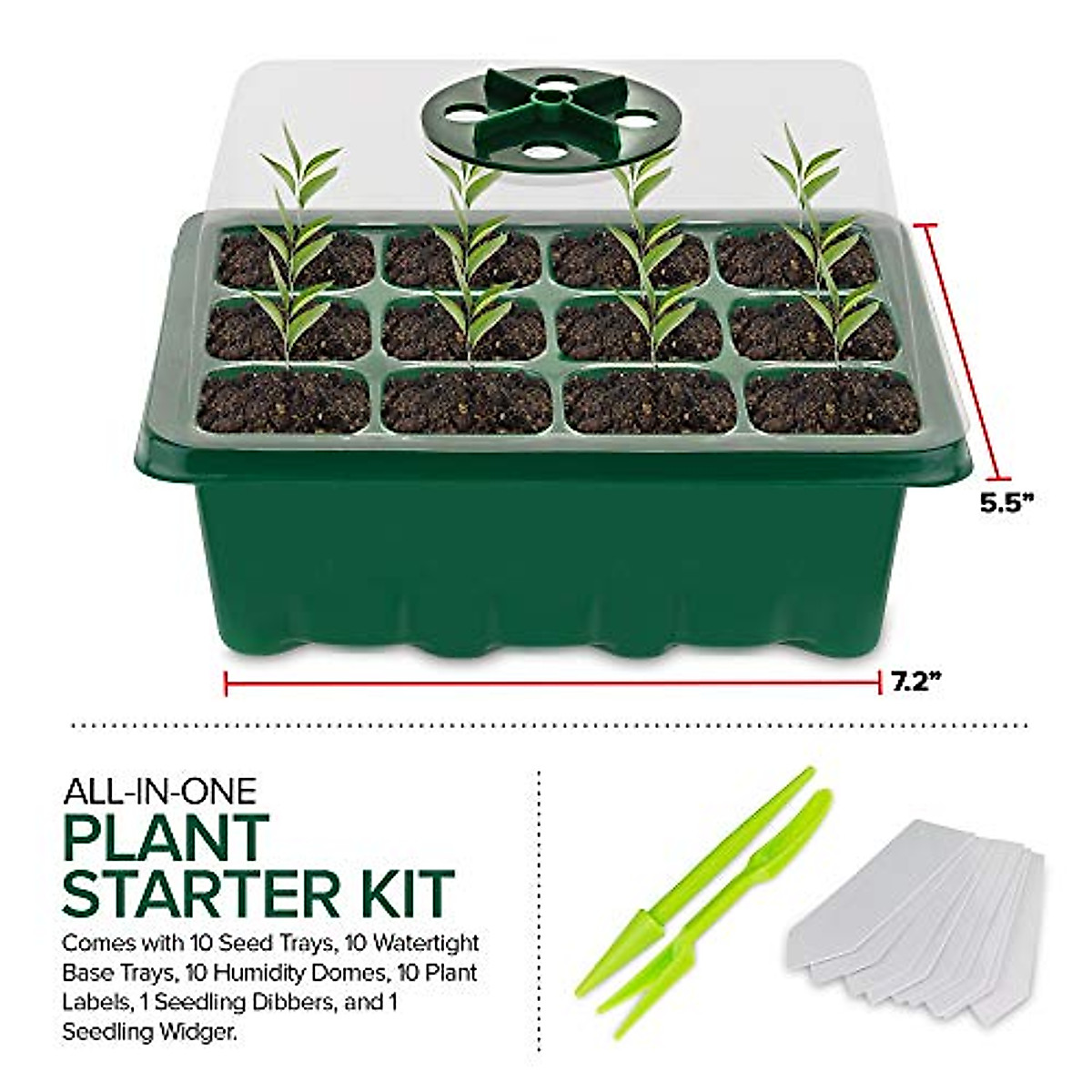 Seed Starter Kit (10 Pack) 12 Cell (120 Total) Seedling Plant Germination Tray for Gardening, Set with: Garden Dome Lids, Base Seed Trays for Soil, Planting Hand Tools, Dibber, Widger, & Plant Tags