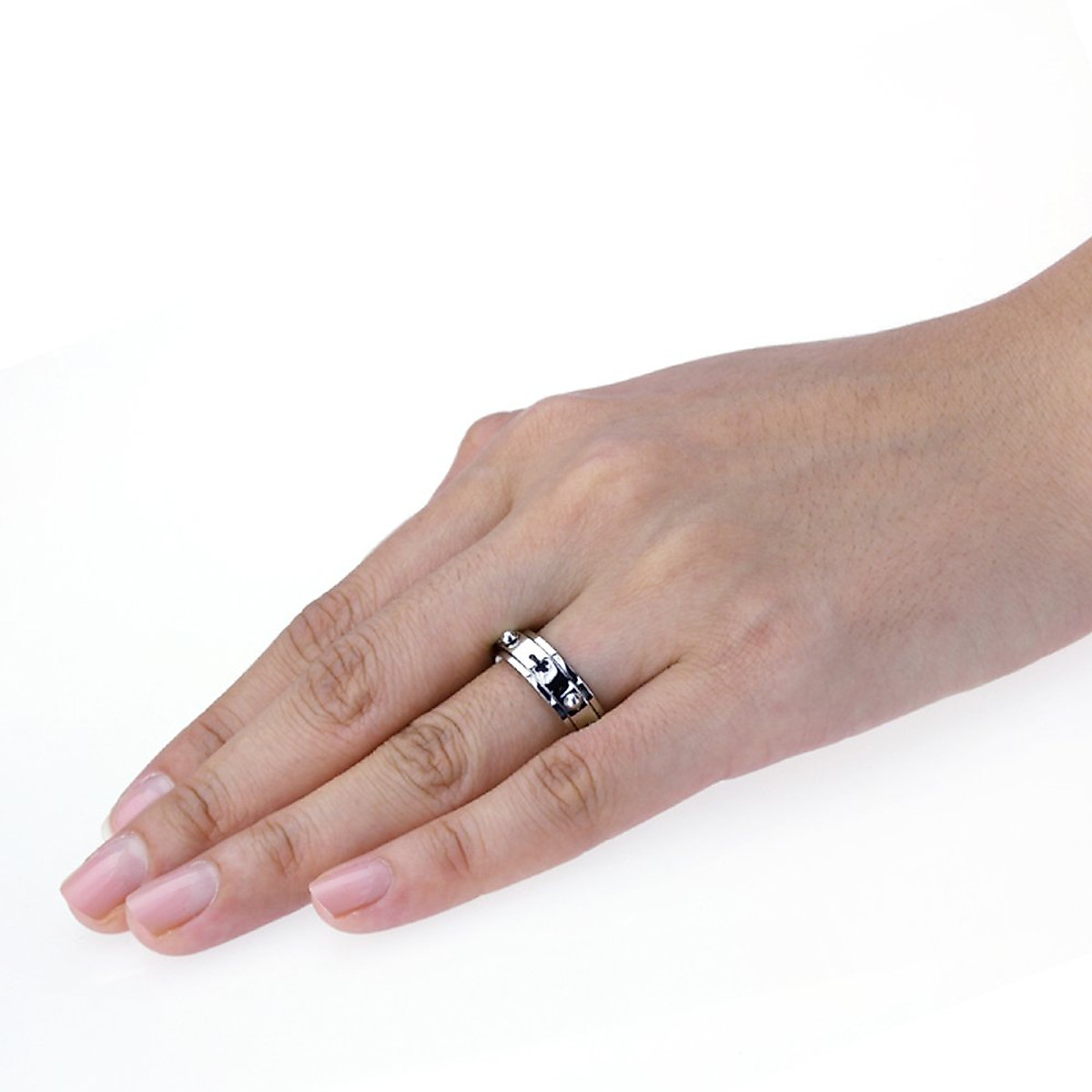 DoubleAccent 6MM Stainless Steel Cross Rosary Spinner Praying Ring, 13
