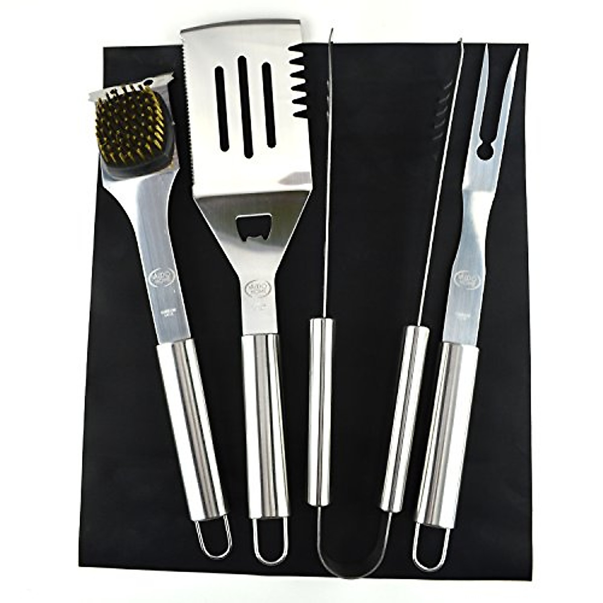 New Stainless Steel BBQ Grill Tools Set - 5 Piece Grilling Tool Accessories Barbecue Kit W/Carry Bag and Silicone BBQ Mat
