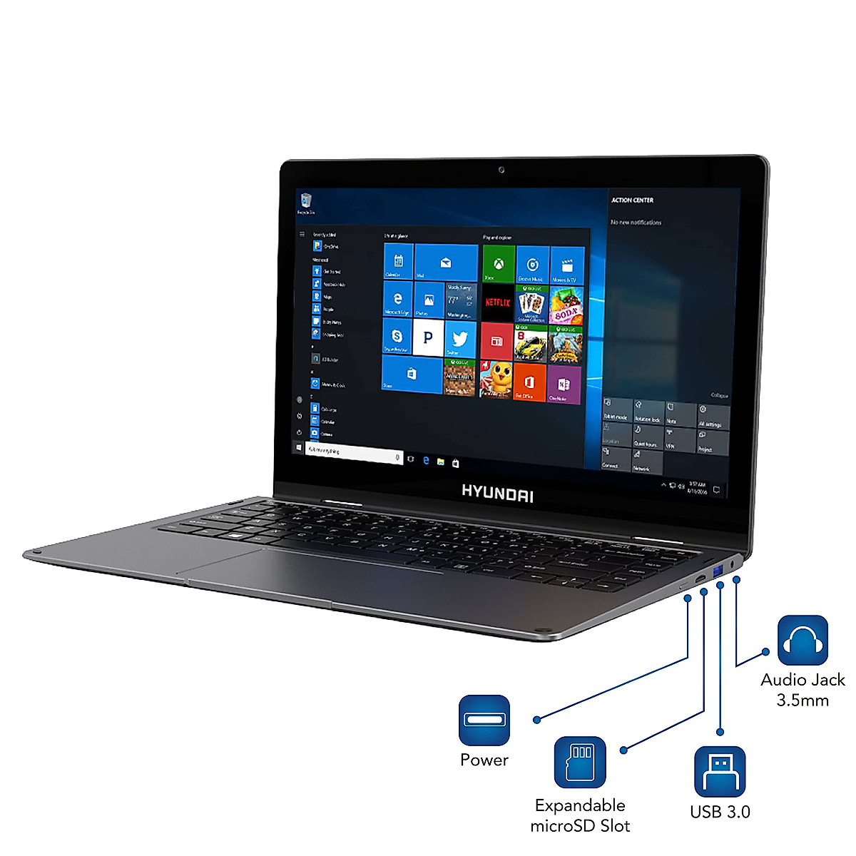 HYUNDAI HY HyFlip 13.3 inch Touch Screen Laptop, Intel Apollo Lake Celeron N3350, 4GB RAM, 64GB eMMC, Windows 10 Home S, MicroSD Slot, 13.3" 1920x1080 FHD Display, WiFi & Bluetooth Space Grey, 5000mAh