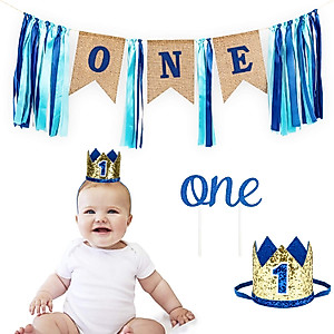 1st Birthday Boy Decorations with Burlap Highchair Banner, Cake Topper, Blue Hat Crown for Happy First Birthday Party Decoration Supplies