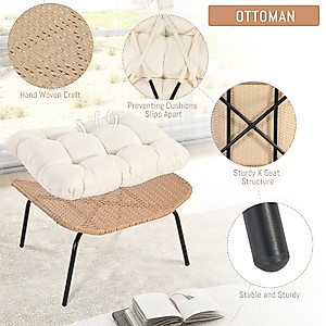 OUTPLATIO 2 Pieces Egg Chair Wicker Patio Egg Chair with Ottoman Rattan Teardrop Cuddle Cocoon Chair for Indoor Outdoor Bedroom Porch Backyard Deck Garden (2 pcs,Beige)