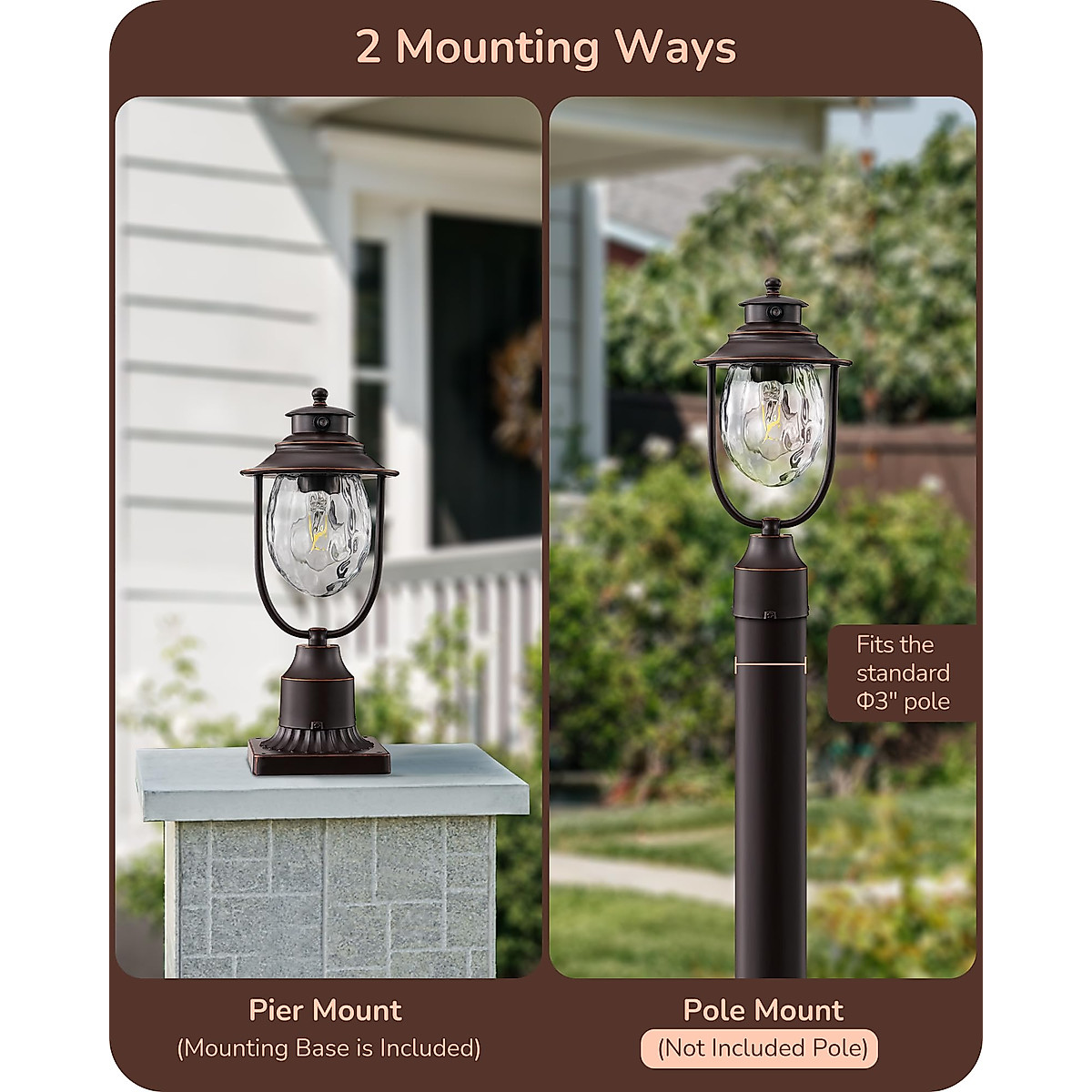 EDISHINE Dusk to Dawn Outdoor Post Light, Pole Light Fixture with Pier Mount Base, Waterproof Exterior Lamp Post Lantern Head with Water Ripple Glass for Driveway Yard Fence Garden Patio, Bronze
