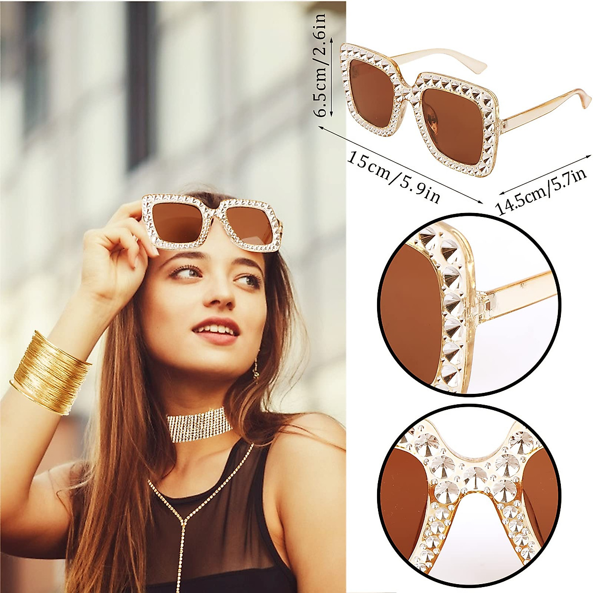 Beupy 7 Pcs Gold Disco Set 1970s Disco Accessories Disco Set Square Sparkling Sunglasses Wire Metal Coil Bracelets Glitter layered necklace Metal Mesh Grid Tassel Dangle Earrings Sequin Headband