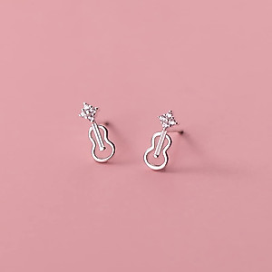 Cute CZ Hollow Violin Tiny Small Stud Earrings for Women Teen Girls Cartilage Tragus Sensitive Ear S925 Sterling Silver Mini Piercing Post Personalized Fashion Jewelry Hypoallergenic Minimalist Gifts