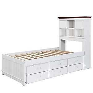 Twin Captain Bed with Trundle and Storage Drawers, Wood Platform Bed with Bookcase Headboard, White Bed Frame with Slat Support for Kids Boys Girls Teens