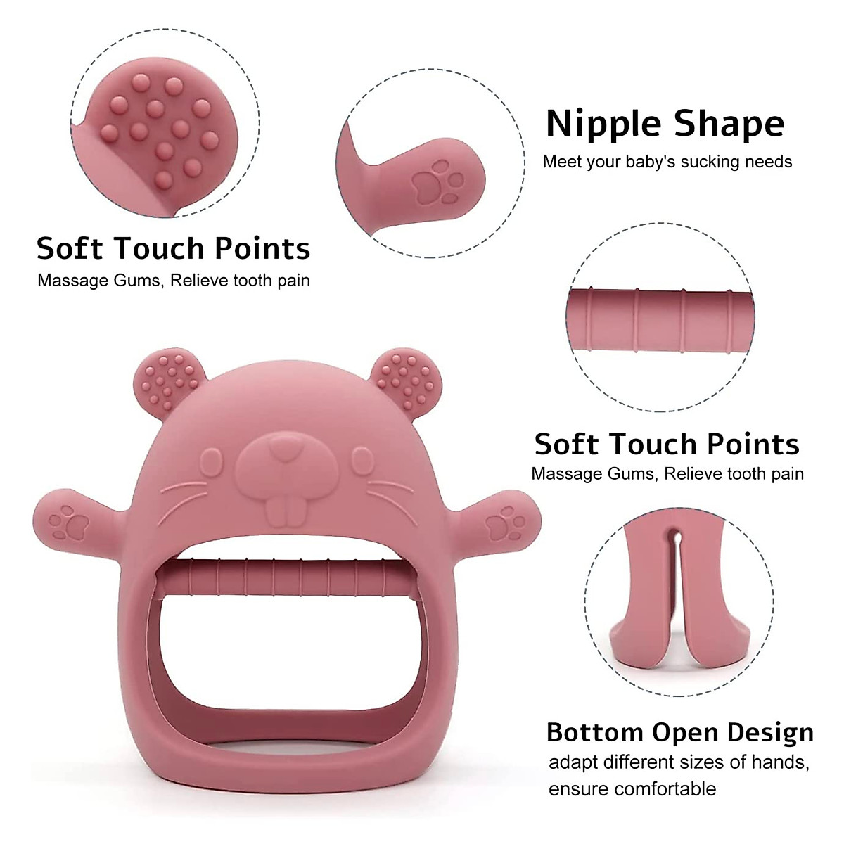 MOMMYS BABY Groundhog Teether Set, Baby Teething Toy, Anti Drop Silicone Mitten Teether, Infant Chew Toy, Teething Pain Relief Toy, Pacifier 2 in 1 |Beige, Dark Pink | Baby Teether Toy