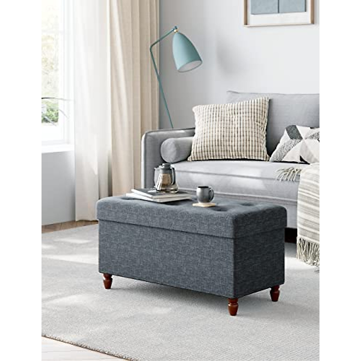 Nicehill Storage Ottoman with Wooden Legs, Nicehill Ottoman with Storage for Living Room, Folding Storage Ottoman Bench for Bedroom, Ottoman Foot Rest Stool, Linen Fabric Dark Grey 30" Ottoman