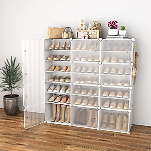 WEXCISE Portable Shoe Rack Organizer with Door, 48 Pairs Storage Cabinet Easy Assembly, Plastic Adjustable Stackable Detachable Free Standing DIY Expandable 8 Tier White, (NNF-XJ-012)