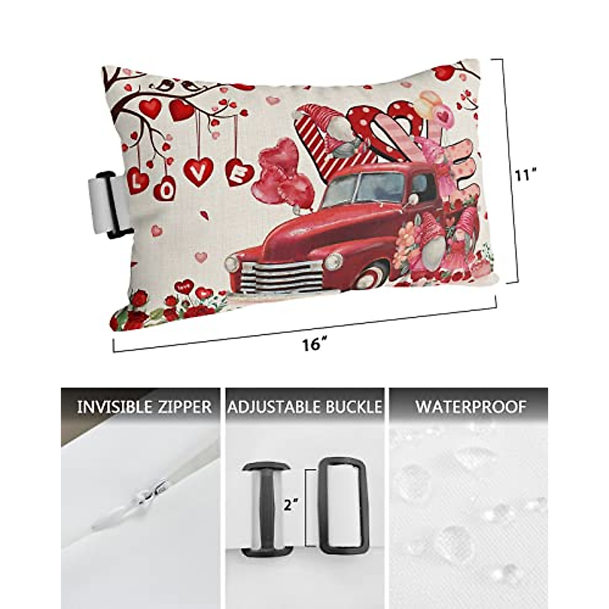 Recliner Head Pillow Ledge Loungers Chair Pillows with Insert Romantic Love Heart Red Car Tree Gnome Couple Beige Lumbar Pillow with Adjustable Strap Patio Garden Cushion for Sofa Bench Couch, 2 PCS