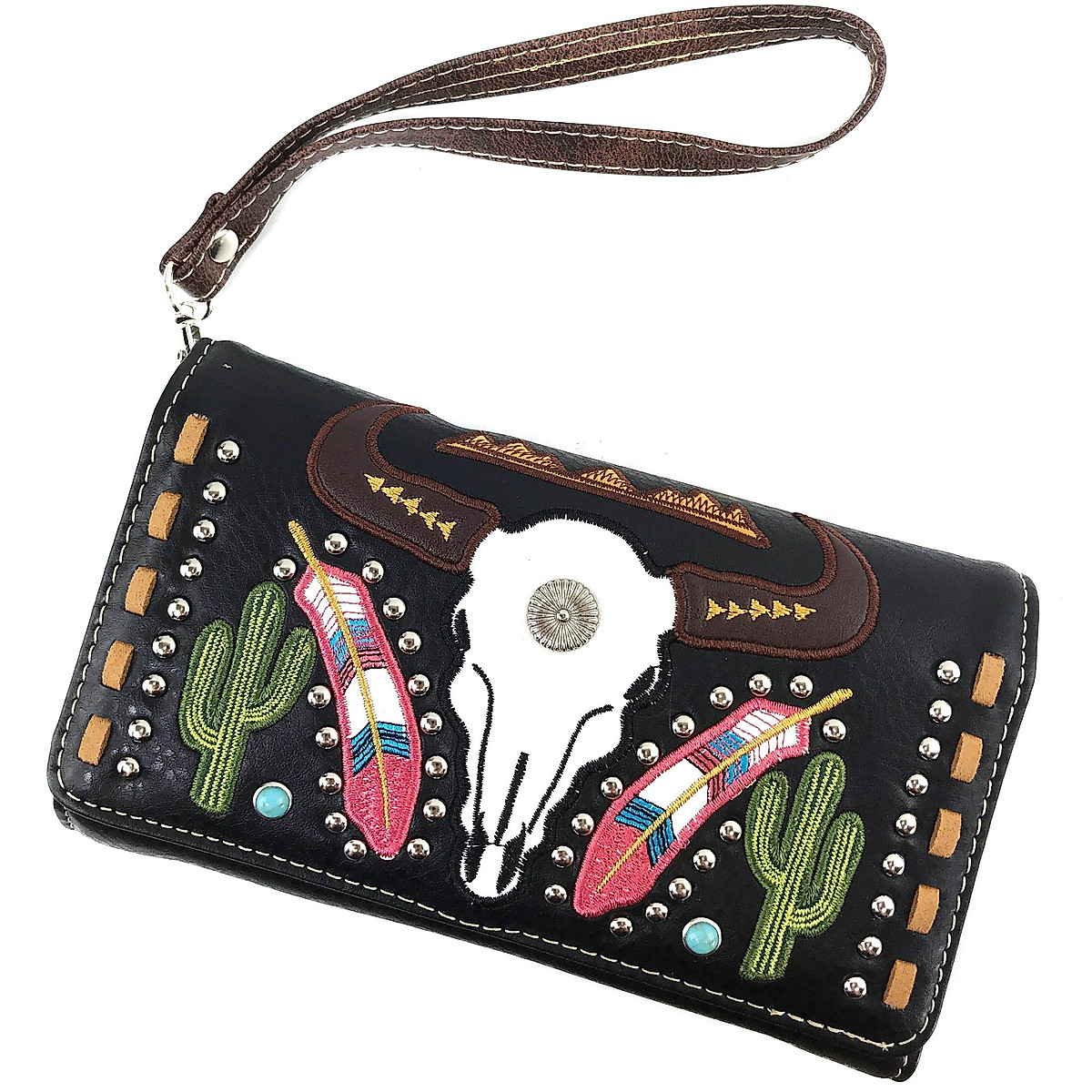 Zelris Longhorn Skull Embroidered Feather Cactus Design Women Conceal Carry CCW Shoulder Handbag Purse with Wallet Set (Black)
