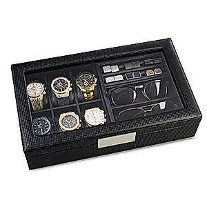 Glenor Co Valet Jewelry Box for Men - Holds 6 Watches, 12 cufflinks, 2 Sunglasses & Tray Storage - Mens Watch Case - CarbonFiber Organizer w Metal Accents, PU Leather & Large Glass Lid - Black