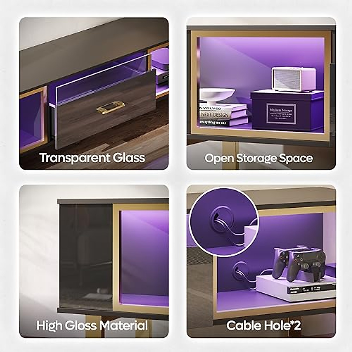 Bestier 70 Inch TV Stand for 75/77/80 Inch TV, LED Gaming Entertainment Center with Open Storage & Drawer, Modern High Gloss TV Console Table for Living Room Bedroom, Black and Gold