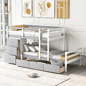 Harper & Bright Designs Twin Over Twin Bunk Bed with 6 Drawers, Solid Wood Bunk Beds with Ladder, Safety Rail for Kids, Boys and Girls, Teens, No Box Spring Needed (Natural)