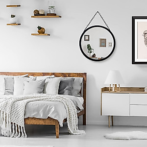 SANY DAYO HOME 12 inch Real Glass Black Round Mirror with Chain, Metal Framed Small Wall Hanging Circle Bathroom Shower Mirror for Home, Office, Door, Locker