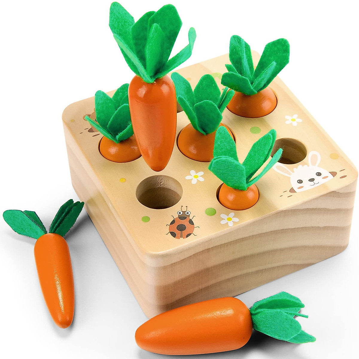 Montessori Toys for 1 Year Old, Wooden Toys Developmental Shape Sorting & Matching Puzzle Carrots Harvest Game, Birthday Gifts for Toddlers Babies Boys and Girls 6-12 Months Christmas