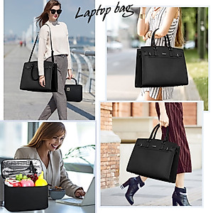 Laptop Bag for Women 15.6 Inch Waterproof Leather Tote Bag Lightweight Business Office Work Bag with Insulated Cooler Lunch Bag Large Professional Briefcase Computer Handbag Shoulder Bag Dark Black