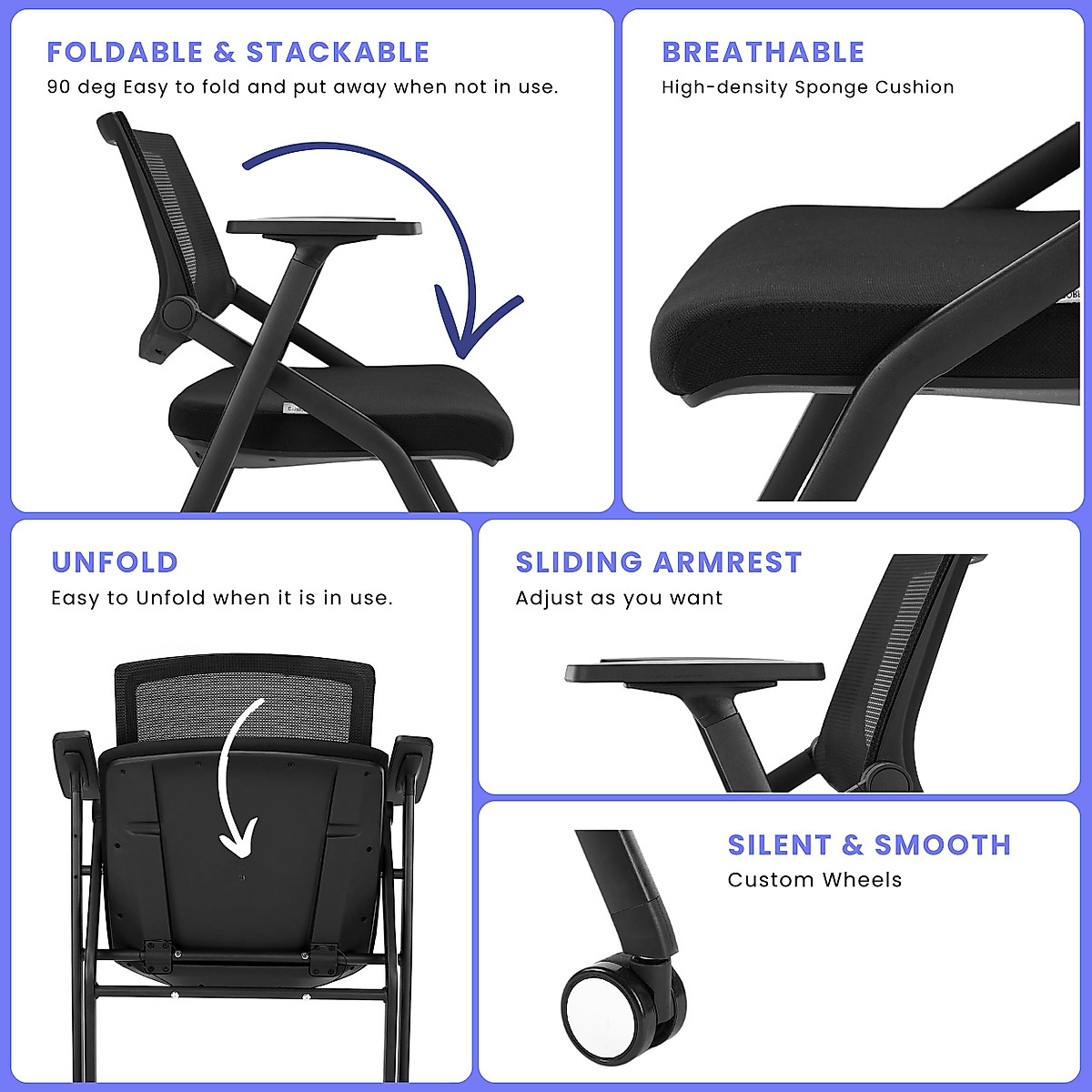 BROBRIYO, 10 Pack Stackable Conference Room Chairs with Wheels and Paddle, Ergonomic Mesh Back and Arms for Meeting, Conference, Reception, Training Room & Home Office Desk Folding Chairs, Set of 10