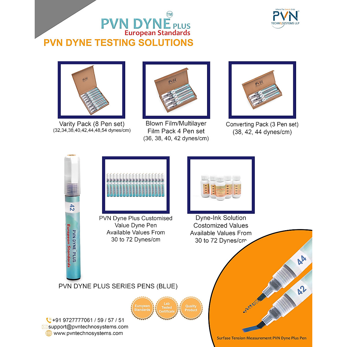 PVN Dyne Plus Pen for Surface Tension-Treatment Measurement (European Standards) Varity pack 8 Pen set (32,34,38,40,42,44,48,54 dynes) Blue