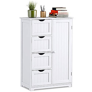 Giantex Bathroom Floor Cabinet Wooden with 1 Door & 4 Drawer, Free Standing Wooden Entryway Cupboard Spacesaver Cabinet, White